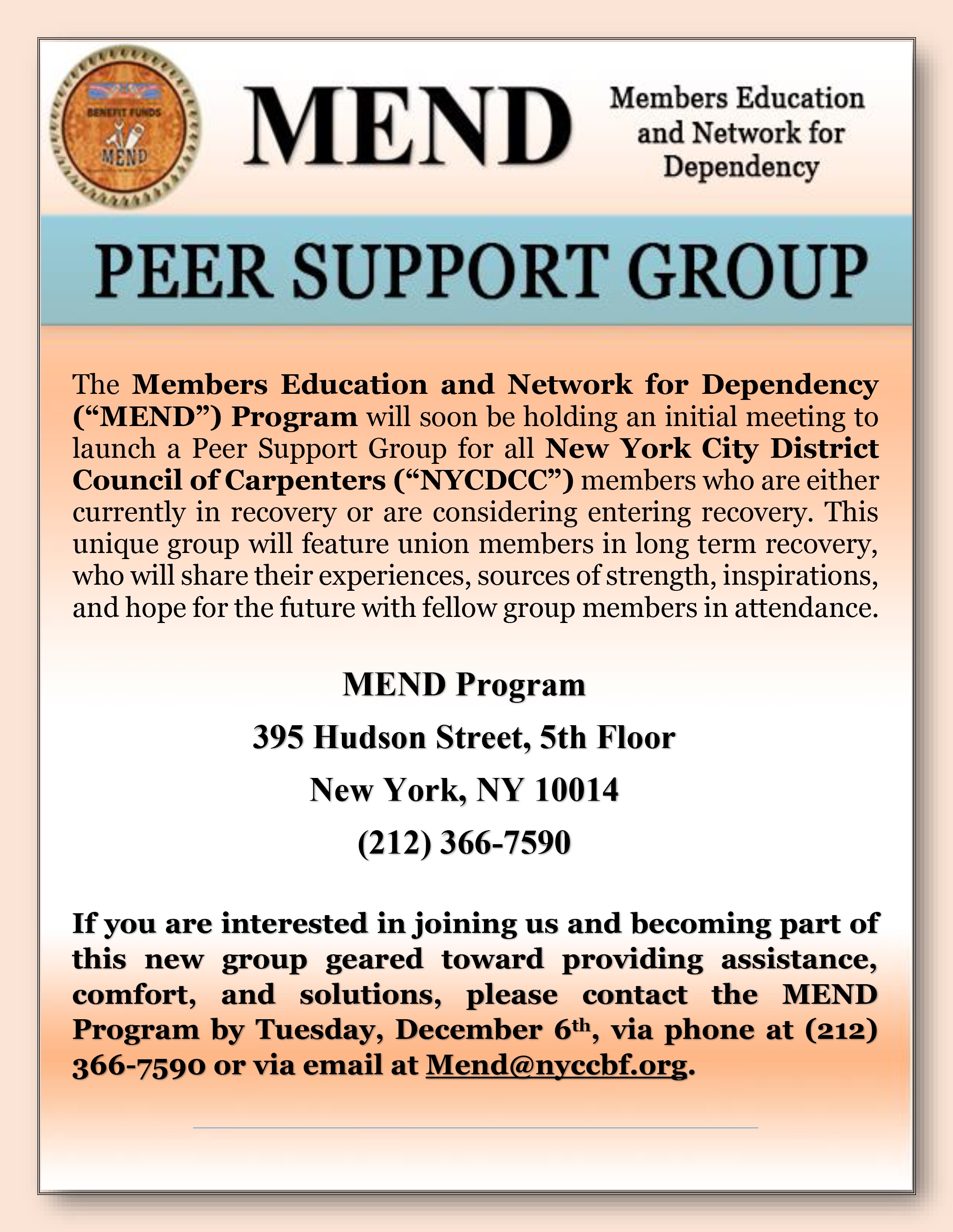 MEND Program: Peer Support Group Launch Meeting : The New York City ...